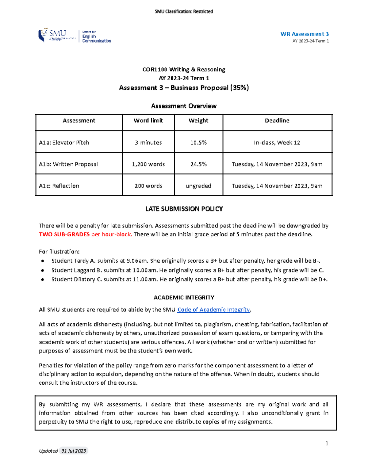 COR1100 A3 Submission Guide - Business Proposal for AY 2023-24 Term 1 ...