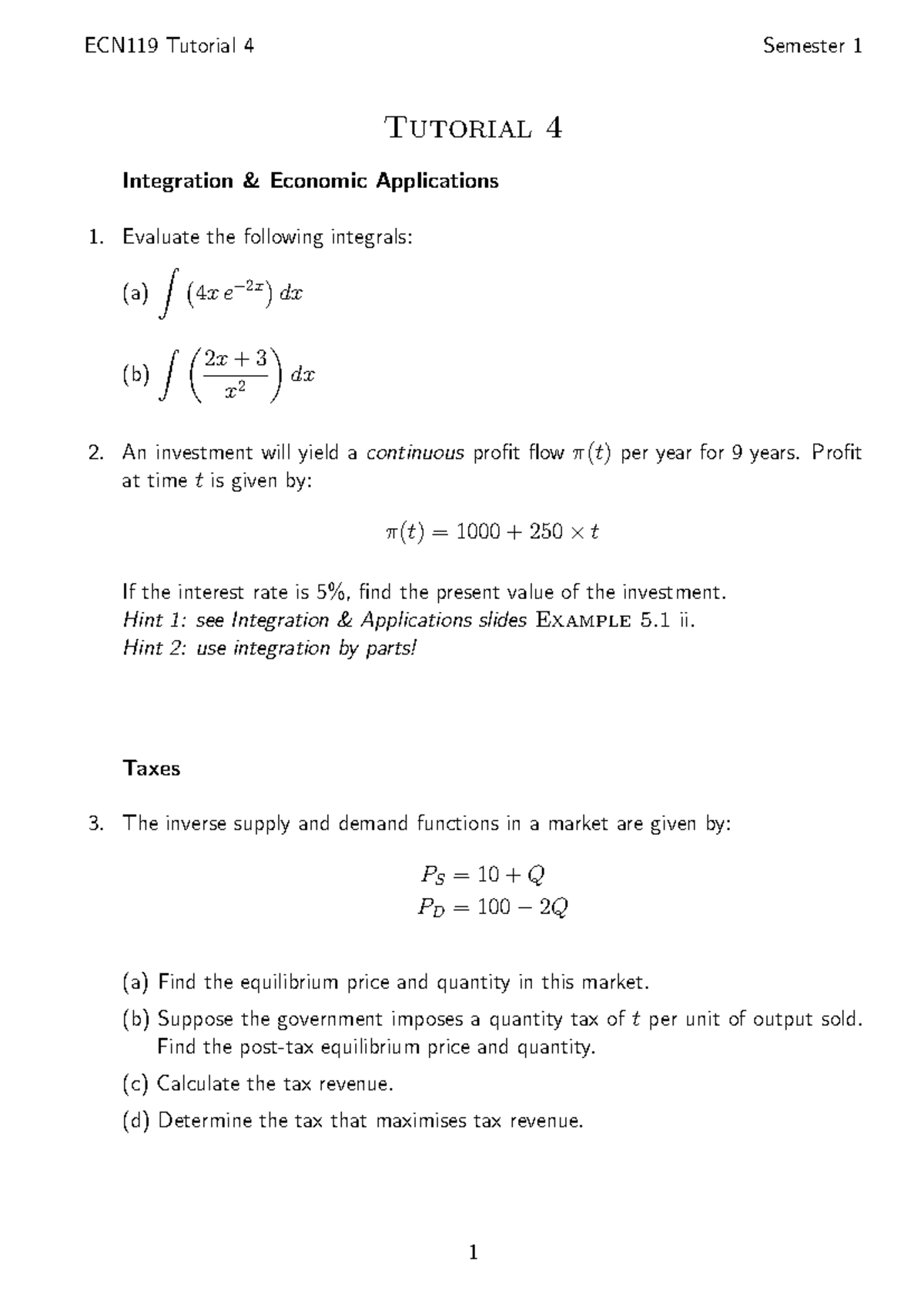 ECN119 Tutorial 4: Integration & Economic Applications Analysis - Studocu