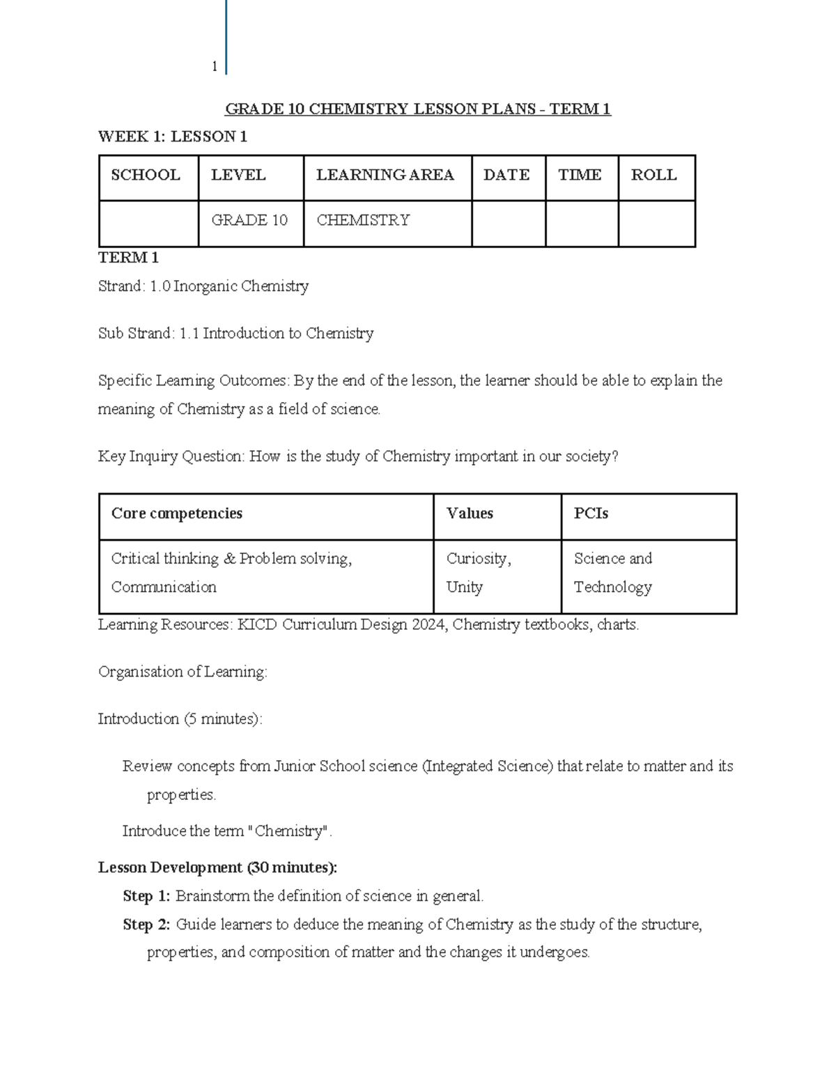 Grade 10 CHEMISTRY TERM 1 Lesson Plans Overview - Studocu