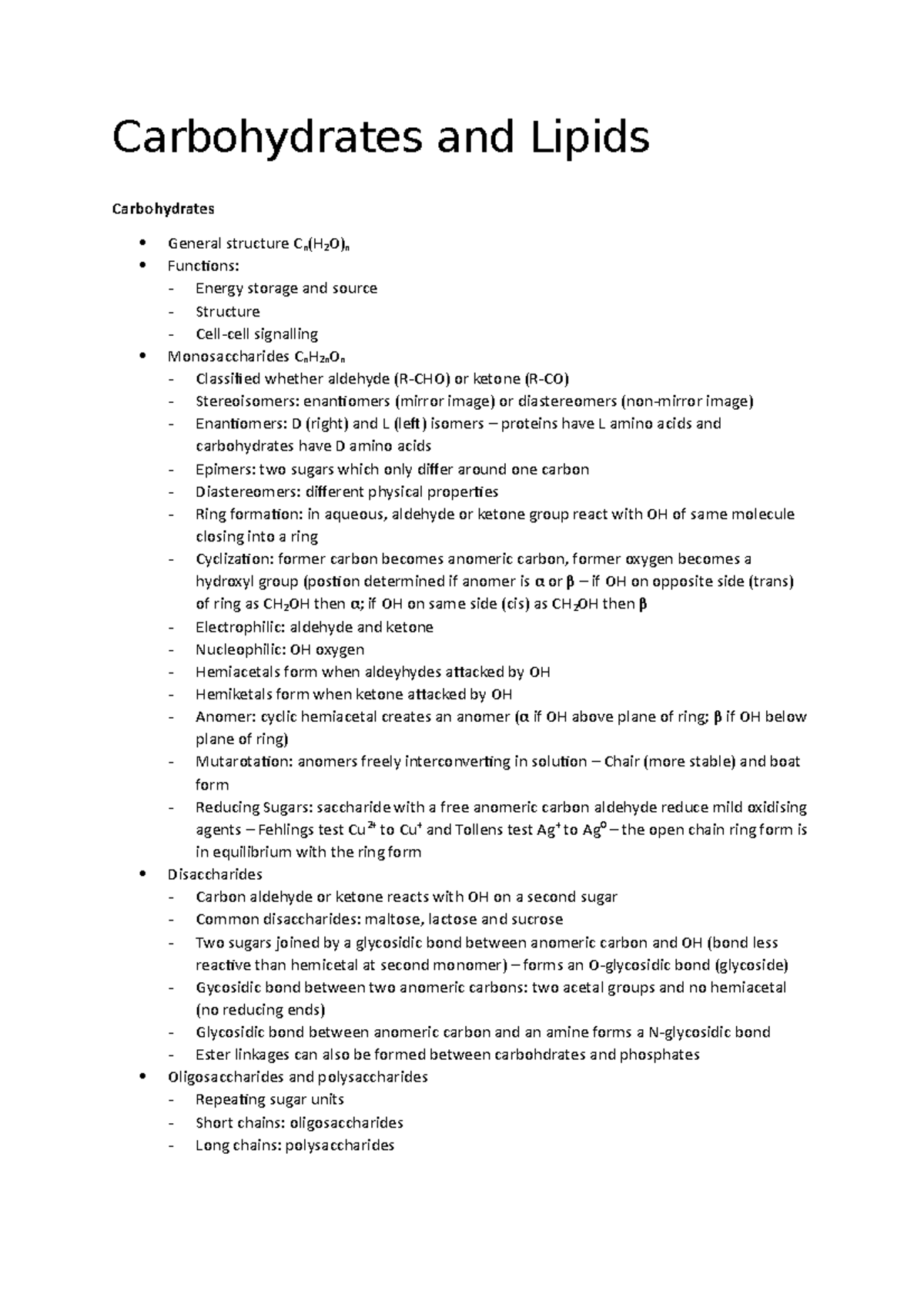 Lecture notes, lectures 1- 12 - Carbohydrates and Lipids Carbohydrates ...