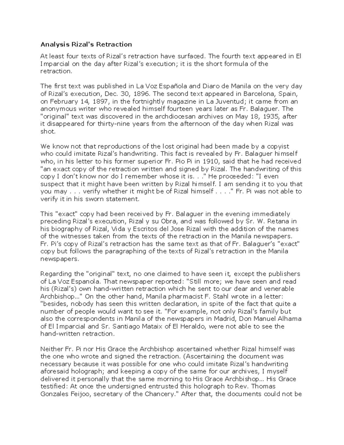 Analysis of Rizal's Retraction: Authenticity and Textual Variants - Studocu