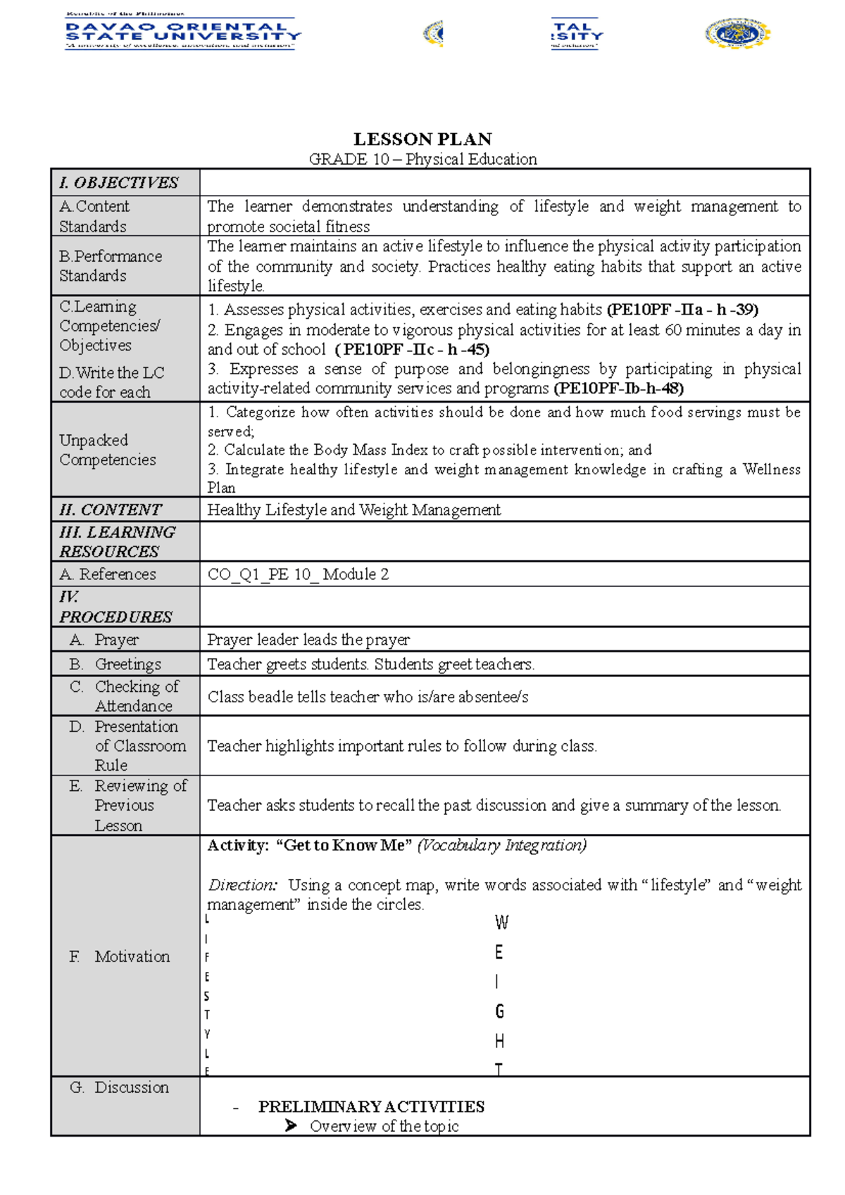 FS LP 3 - Lesson Plan for Grade 10 Physical Education: Healthy ...