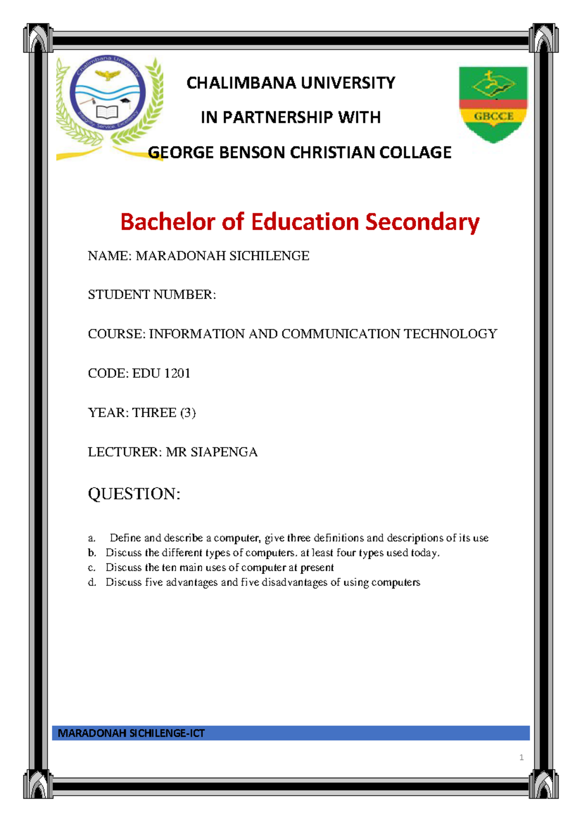 ICT - STUDENT MATERIAL - MARADONAH SICHILENGE-ICT CHALIMBANA UNIVERSITY ...