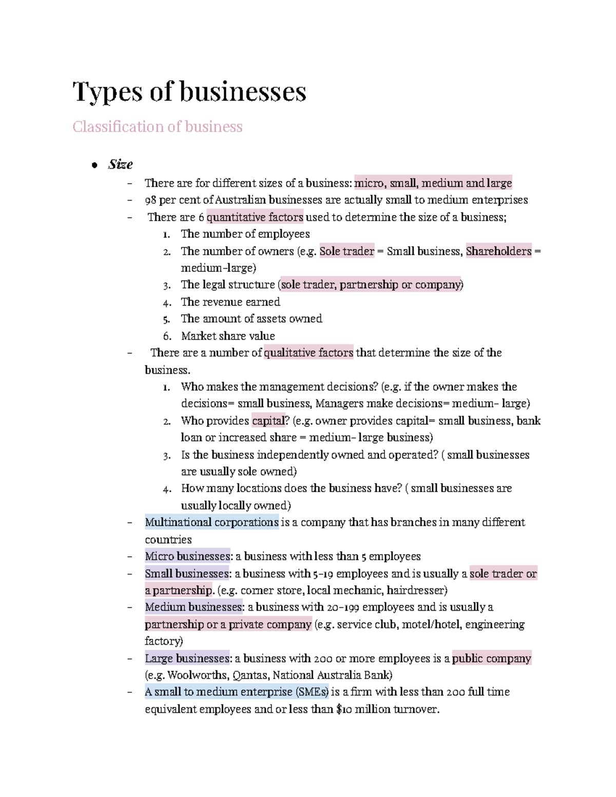Types of Businesses: Classification & Size - Summary Notes (Chapter 2 ...