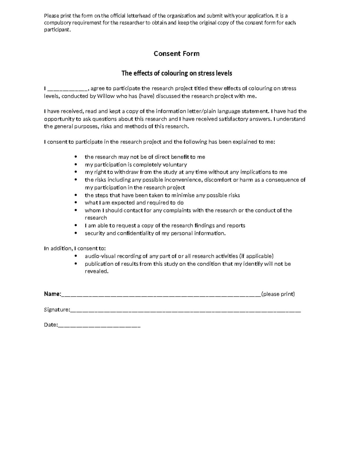 Consent Form for Research on Colouring Effects on Stress Levels - Studocu