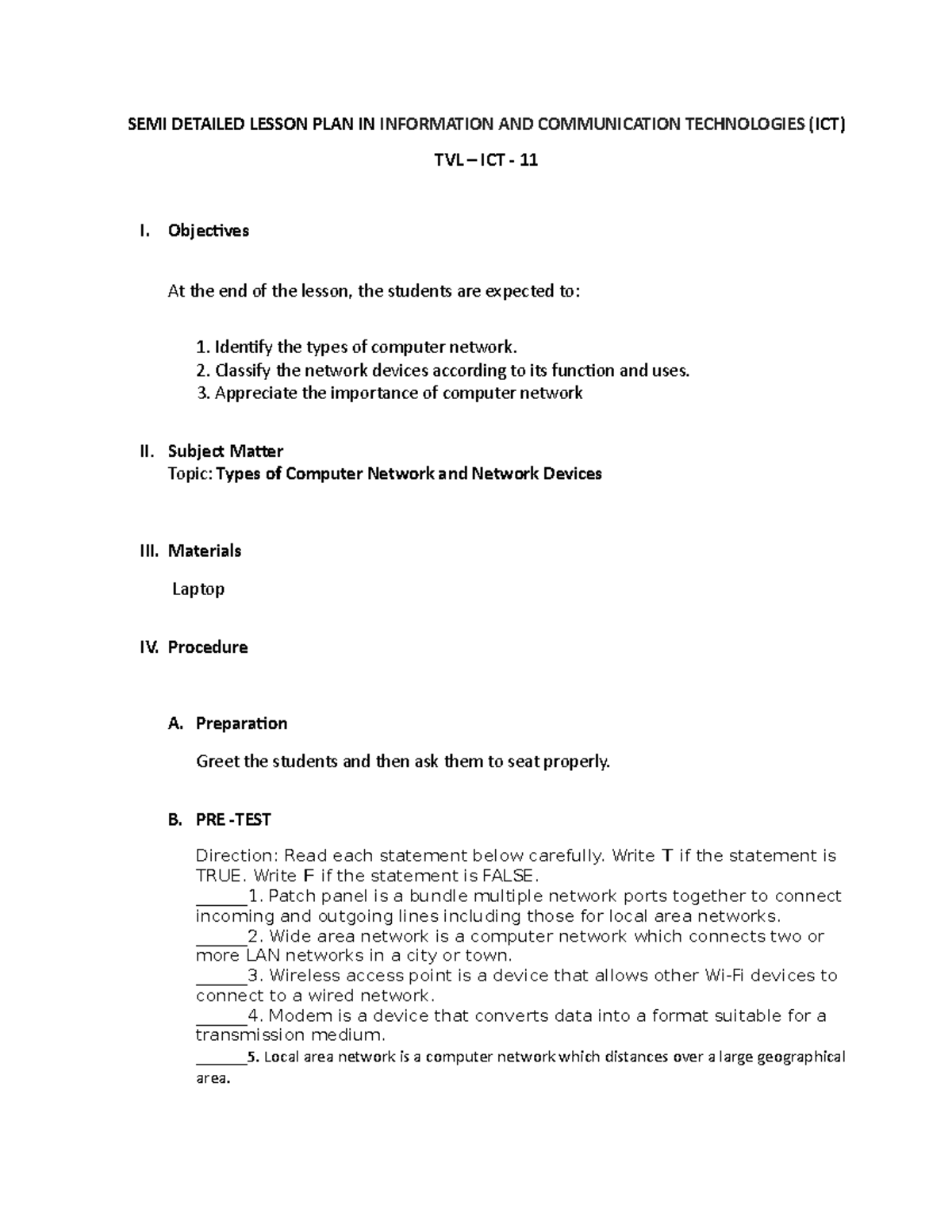 Grade 11 ICT Semi-Detailed Lesson Plan on Computer Networks - Studocu