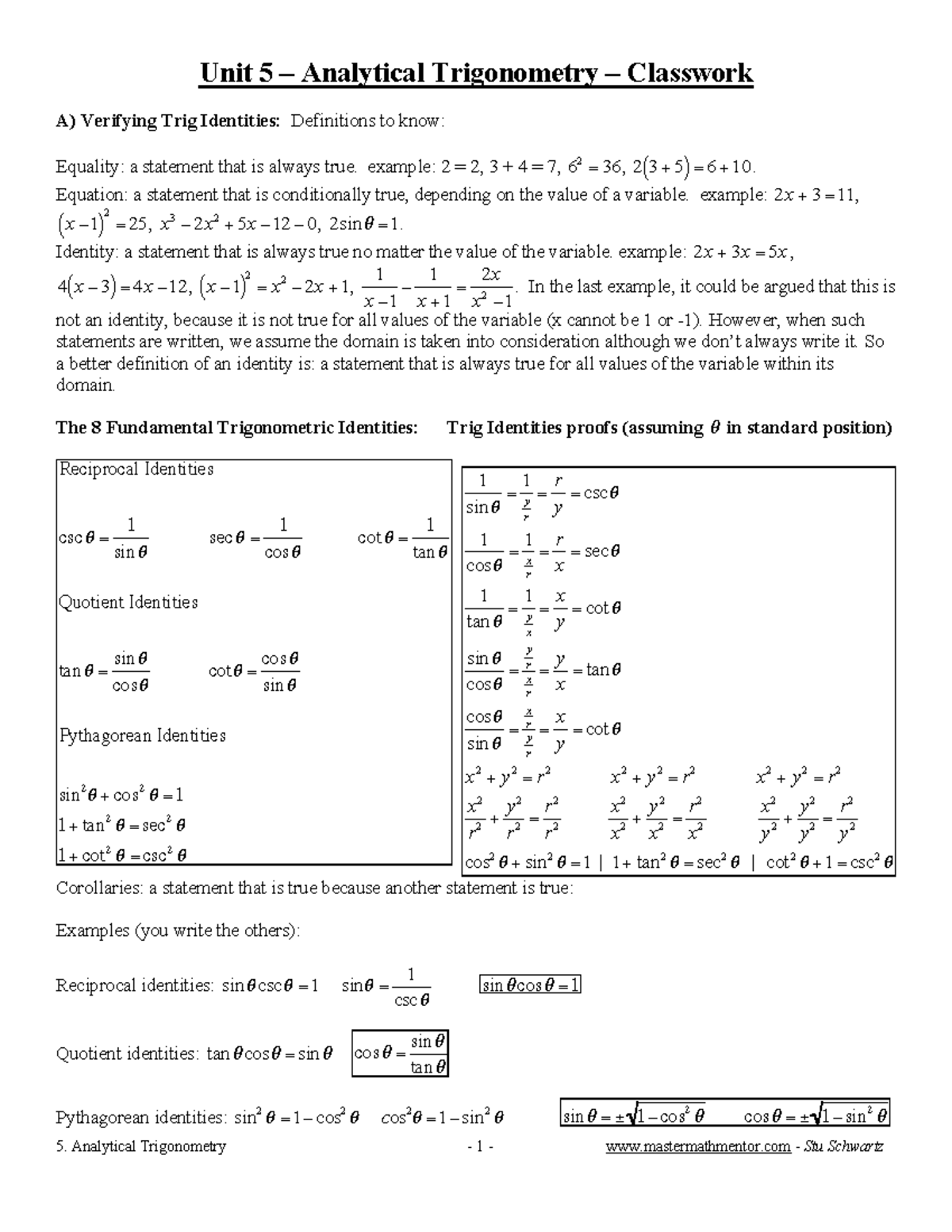 Pre Calc MATH320 Unit 5 Analytical Trigonometry Homework - Studocu