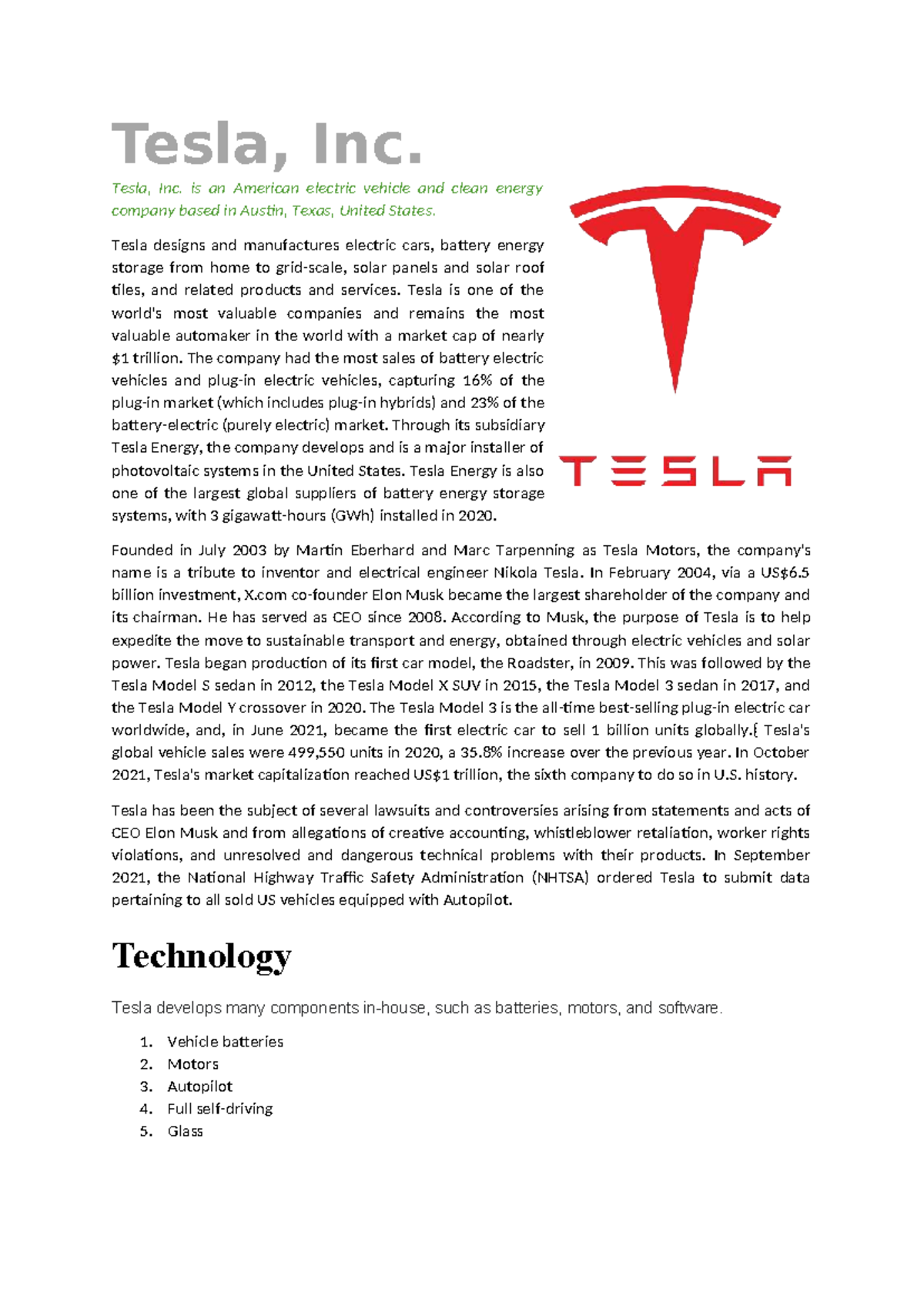 Tesla, Inc. Overview: Electric Vehicles & Clean Energy Insights - Studocu