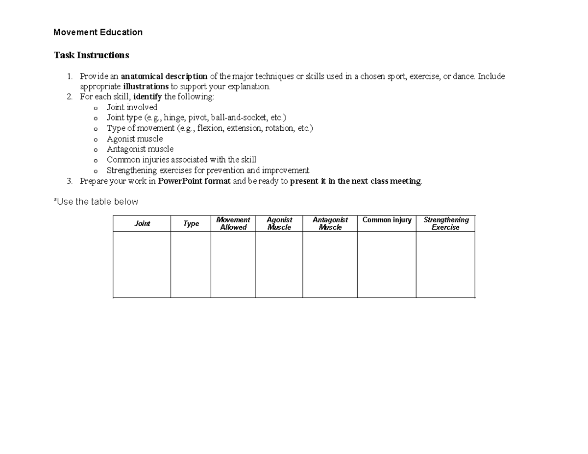 Movement Education Task Instructions: Analysis & Presentation - Studocu