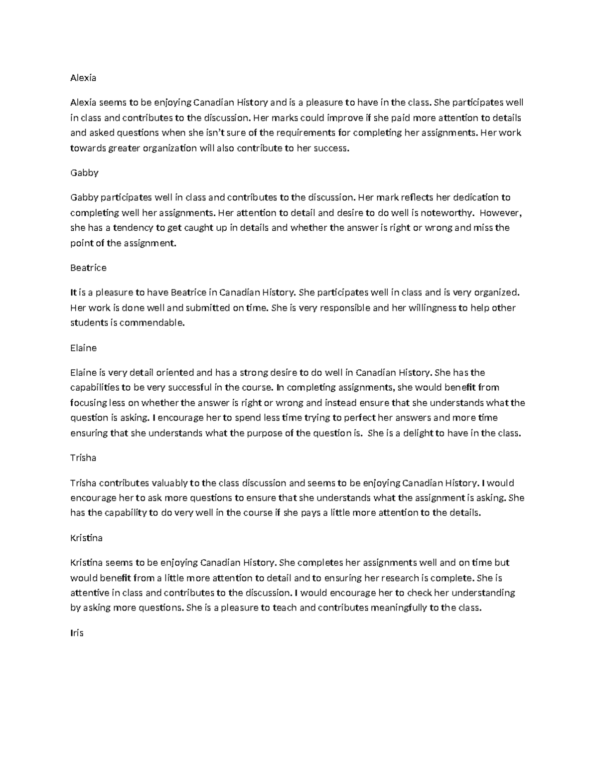 Comments Report Card 1 for Canadian History (CHC2D) - Studocu