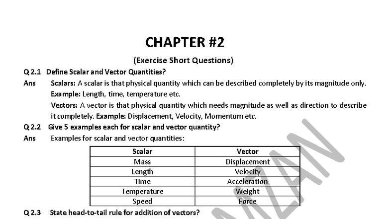 CH #2 - Exercise Questions on Scalar and Vector Quantities - Studocu