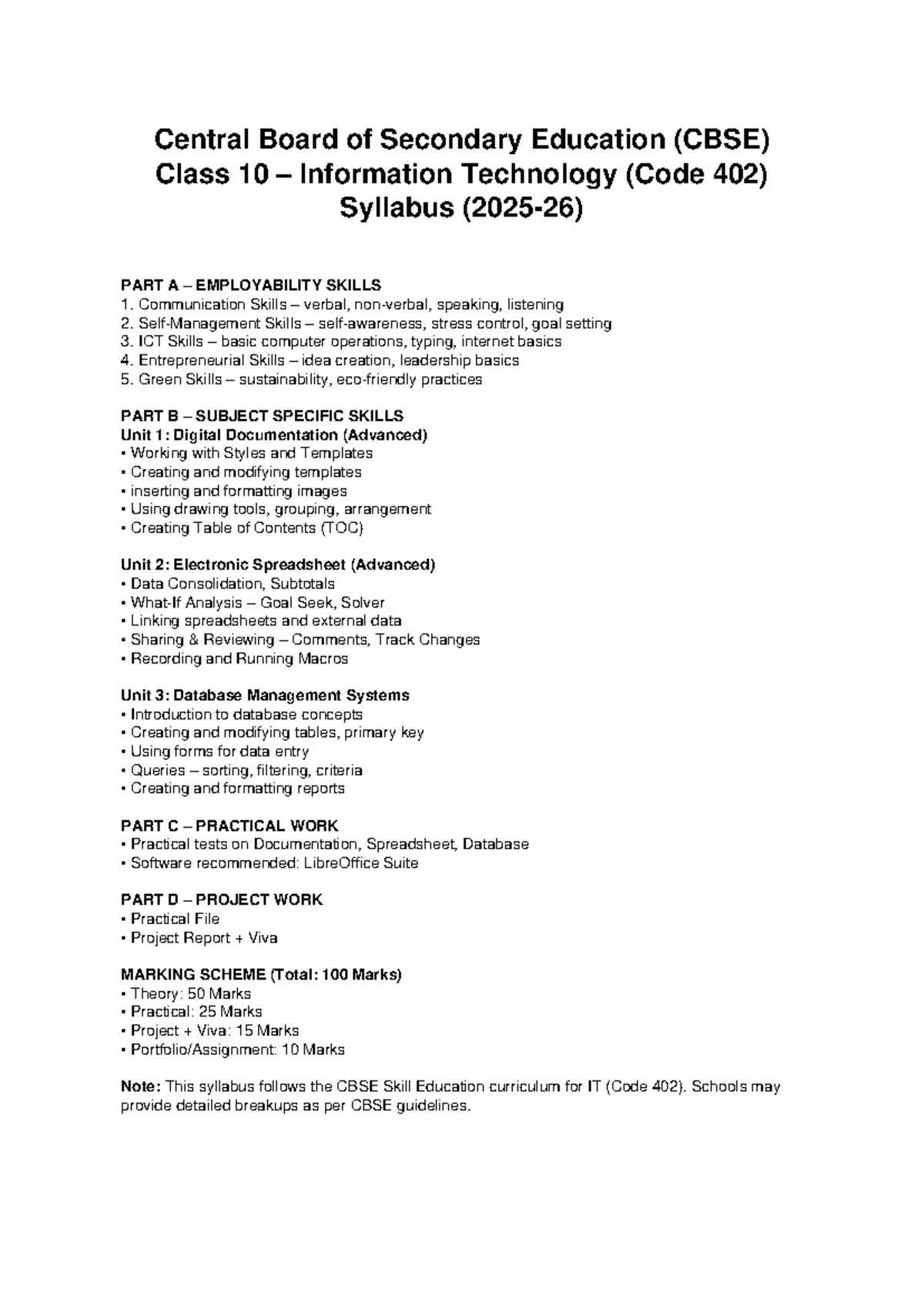 CBSE Class 10 IT Syllabus (Code 402) - Employability & Skills - Studocu
