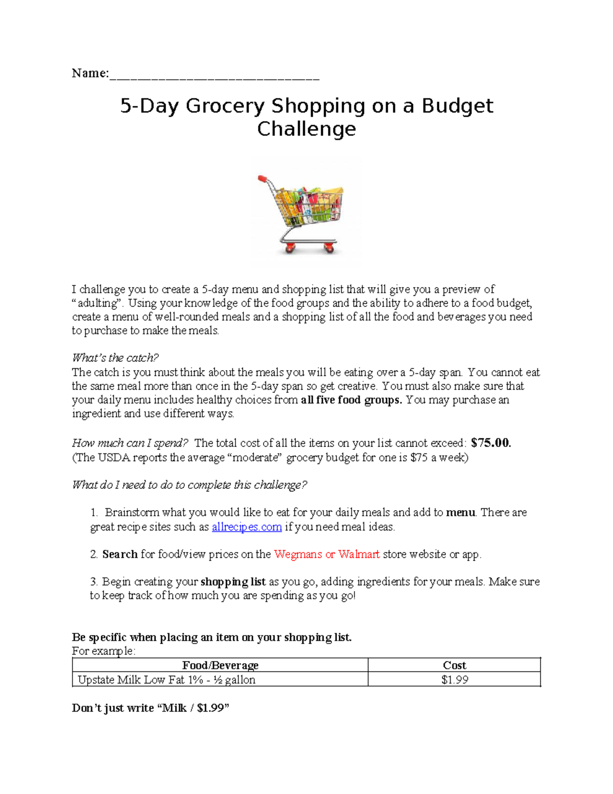 5-Day Grocery Shopping Challenge: Budget Menu & List - Studocu