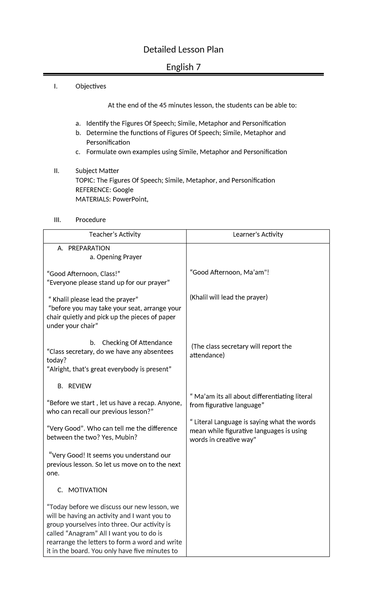Figures of Speech Lesson Plan - English 7 (Final) - Studocu