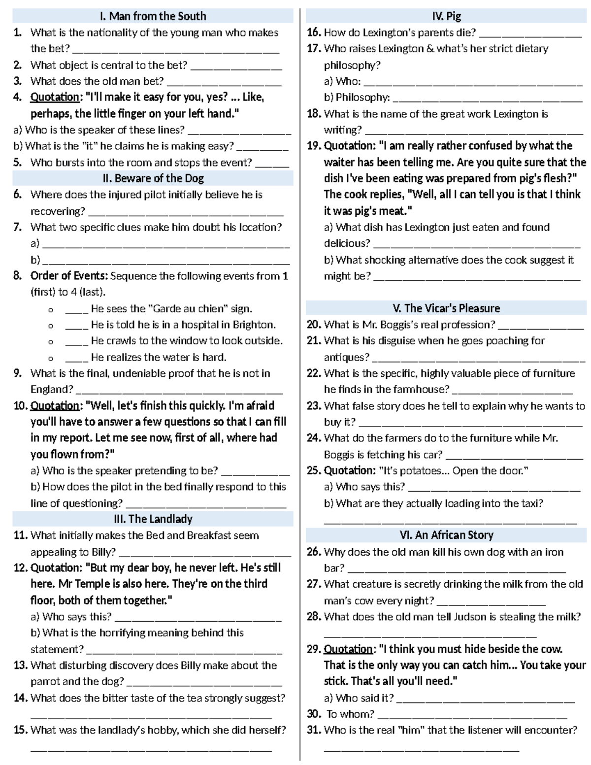 Quiz & Answer Key: Roald Dahl Short Stories (ENG 101) - Studocu
