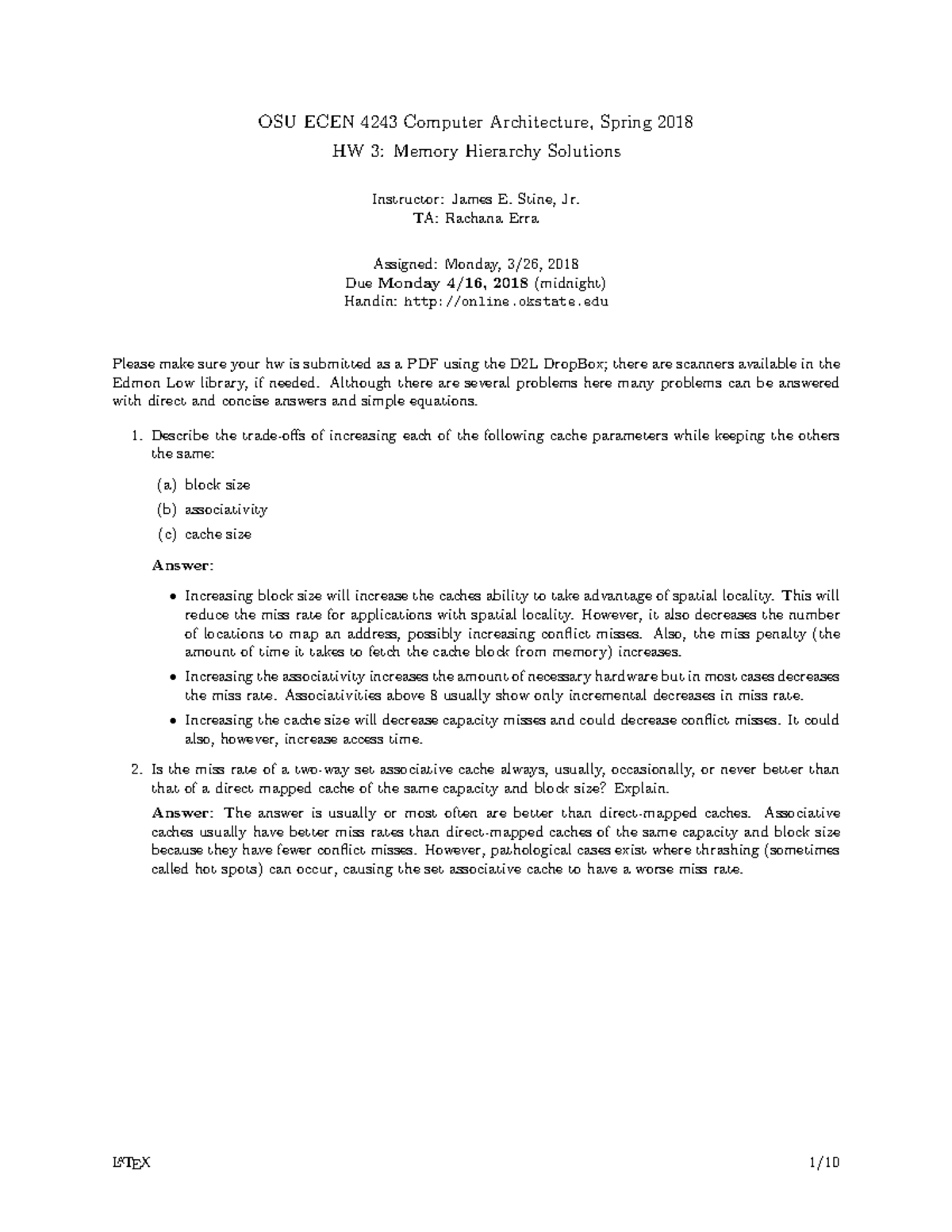 Homework 3 solutions - OSU ECEN 4243 Computer Architecture, Spring 2018 HW 3: Memory Hierarchy ...