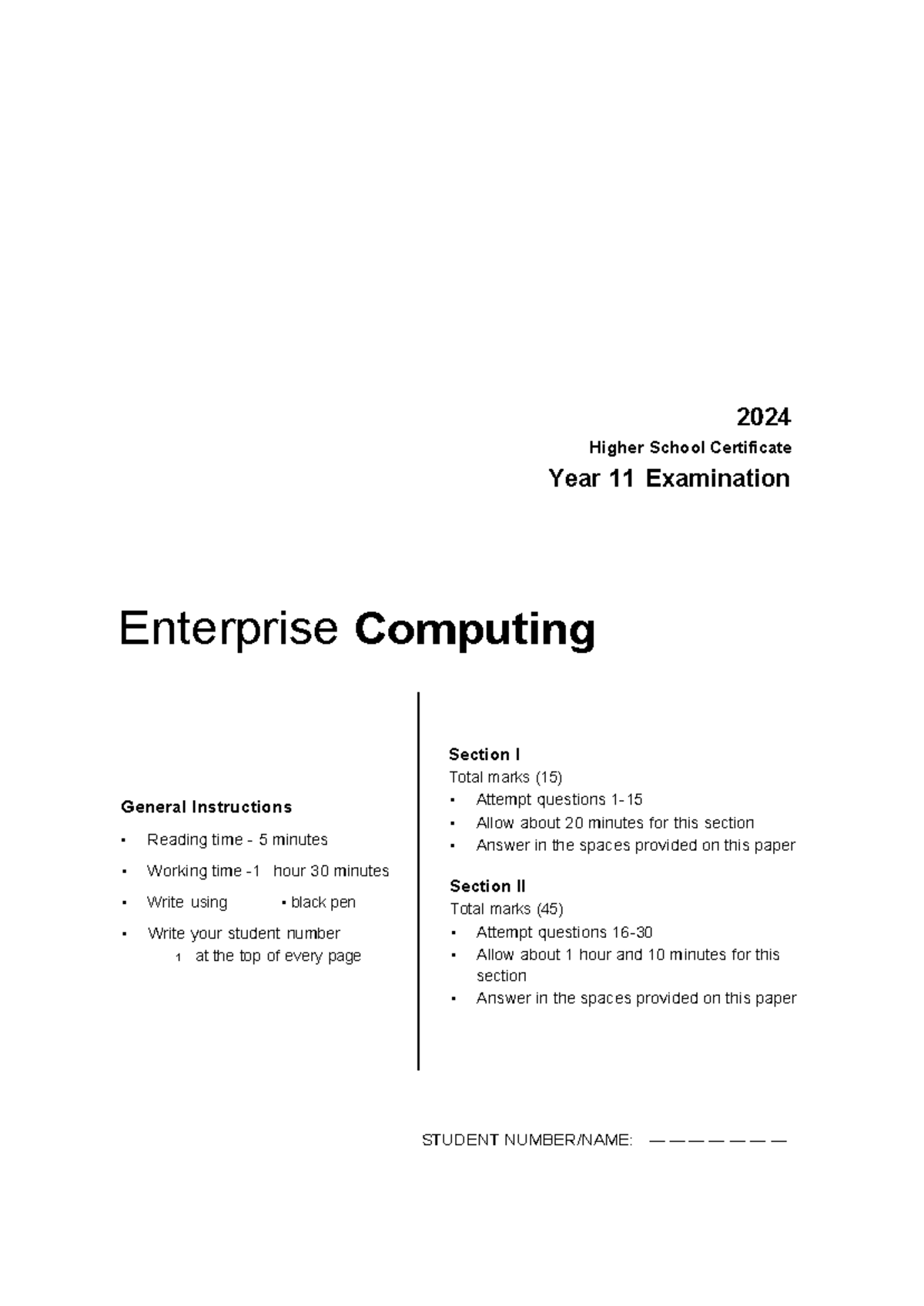 2024 Year 11 Enterprise Computing Exam Instructions and Questions - Studocu
