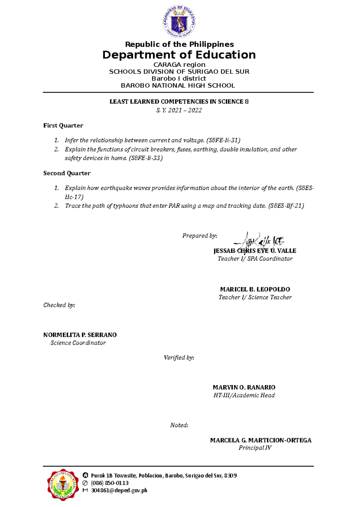 Least Learned Competencies & Intervention for Science 8 SY 2021-2022 - Studocu