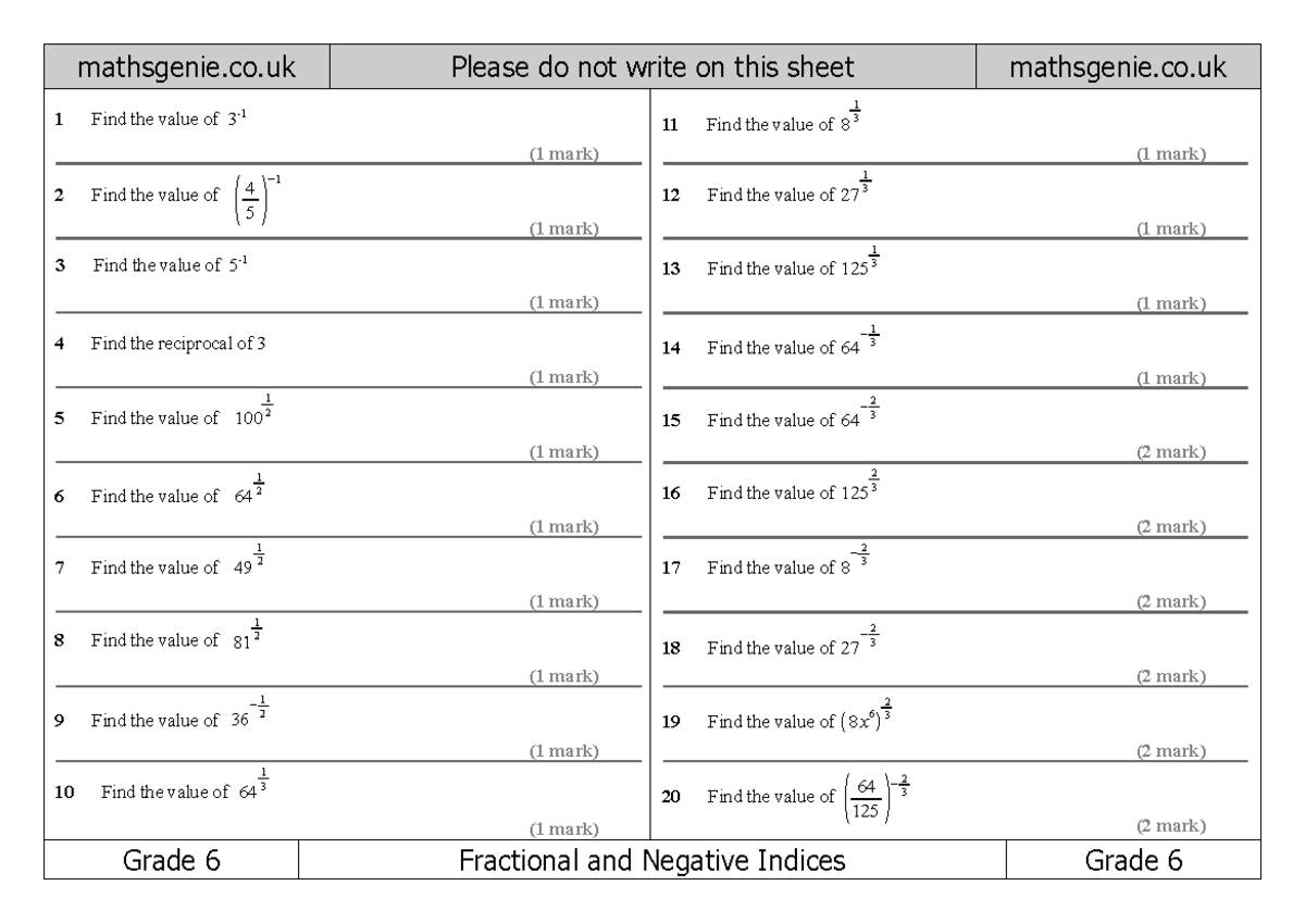 Grade 6 Maths: Fractional and Negative Indices Worksheet - Studocu