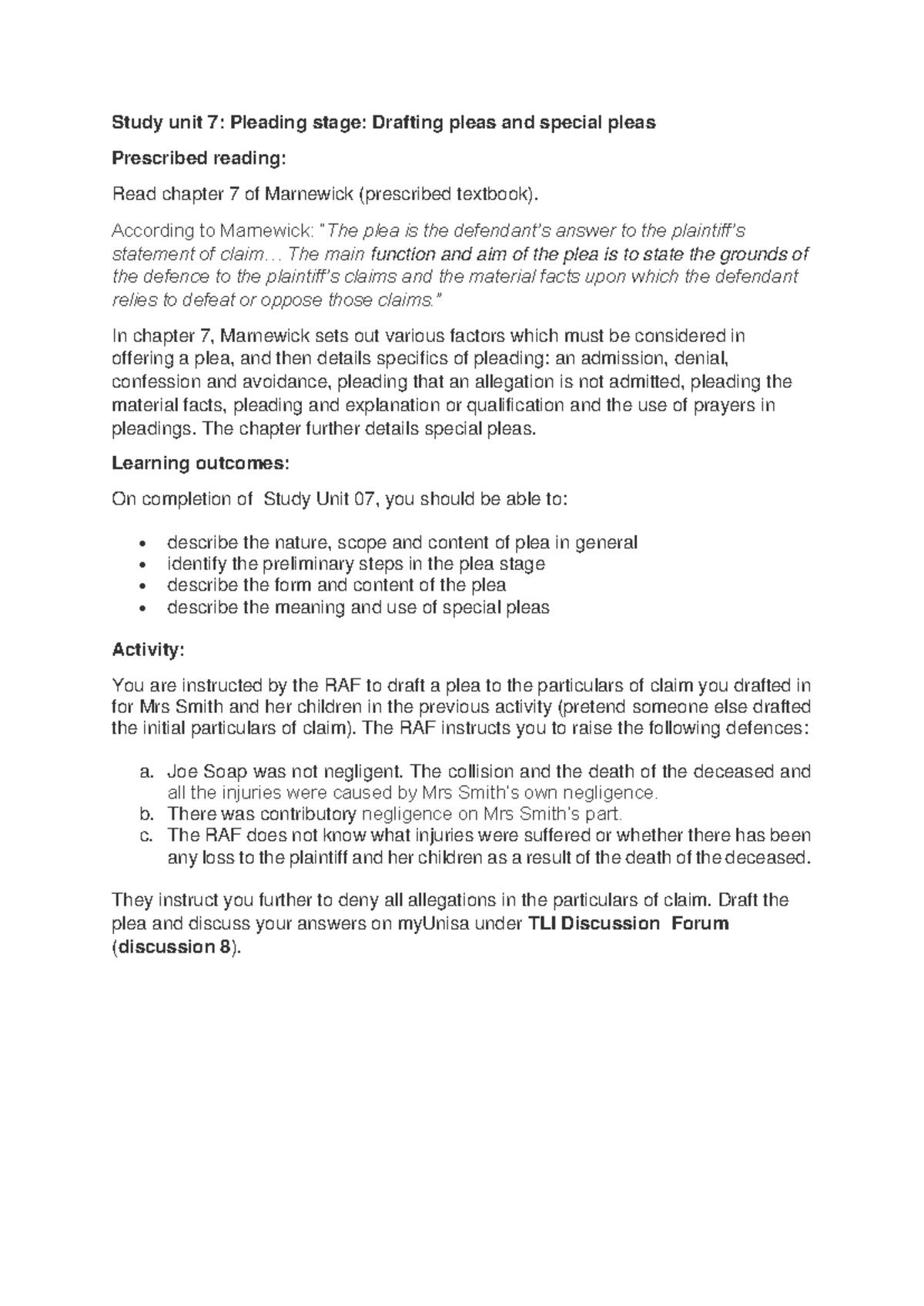 Study unit 7 Pleading stage Drafting pleas and special pleas ...