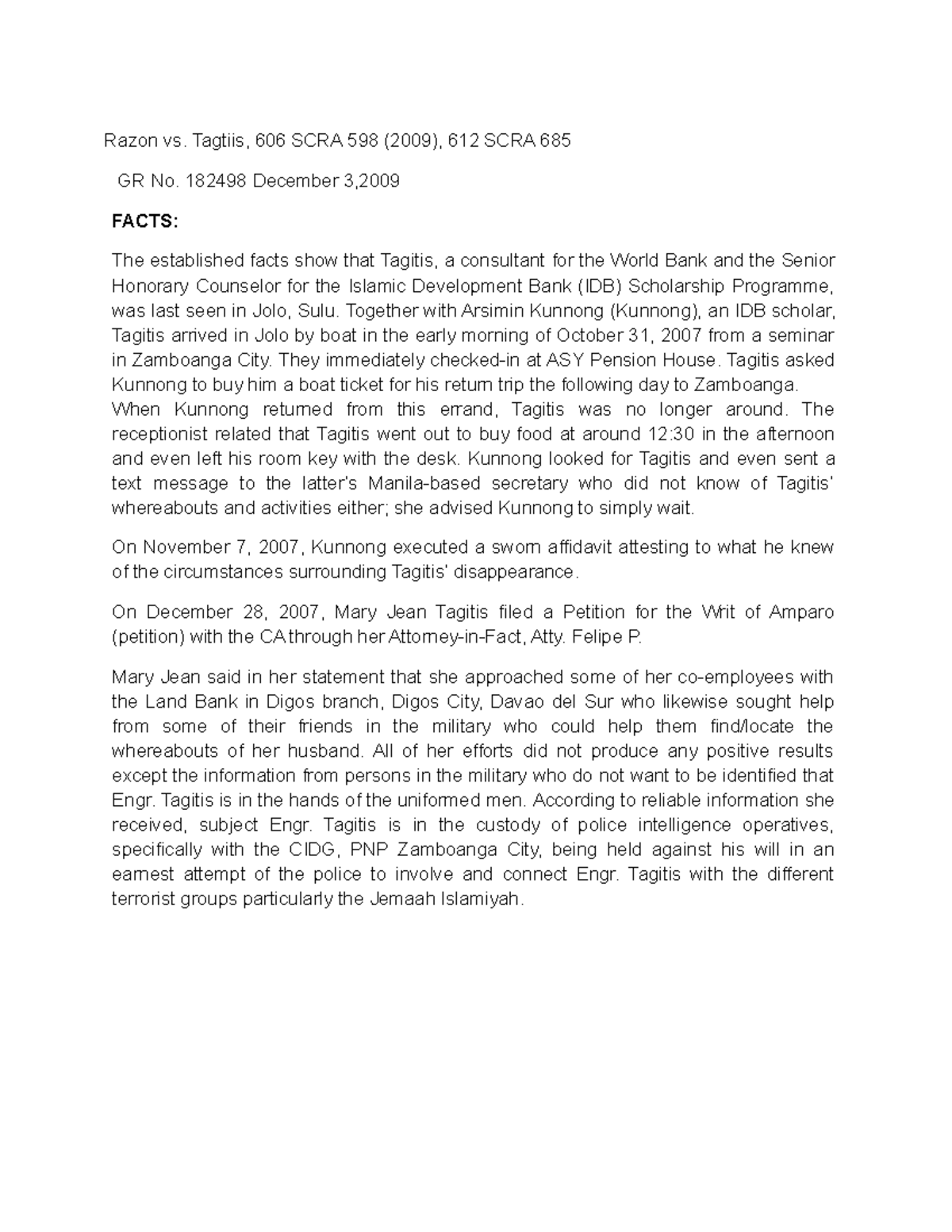 Razon vs. Tagitis - Case Digest on the Writ of Amparo - Studocu