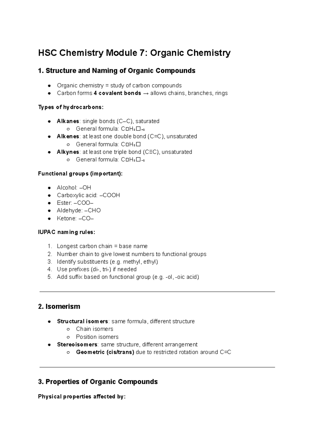 HSC Chemistry Module 7: Organic Chemistry Study Notes - Studocu