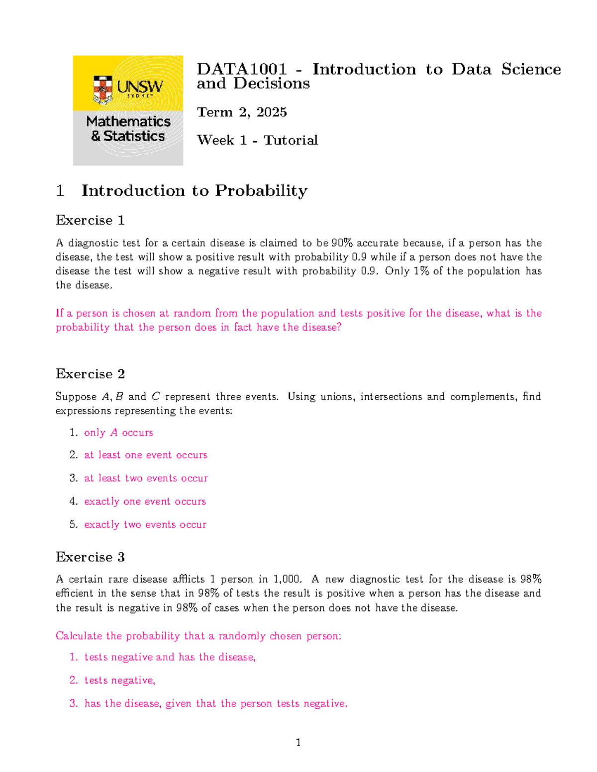 DATA1001 Term 2, 2025 Week 1 Tutorial: Probability Exercises - Studocu