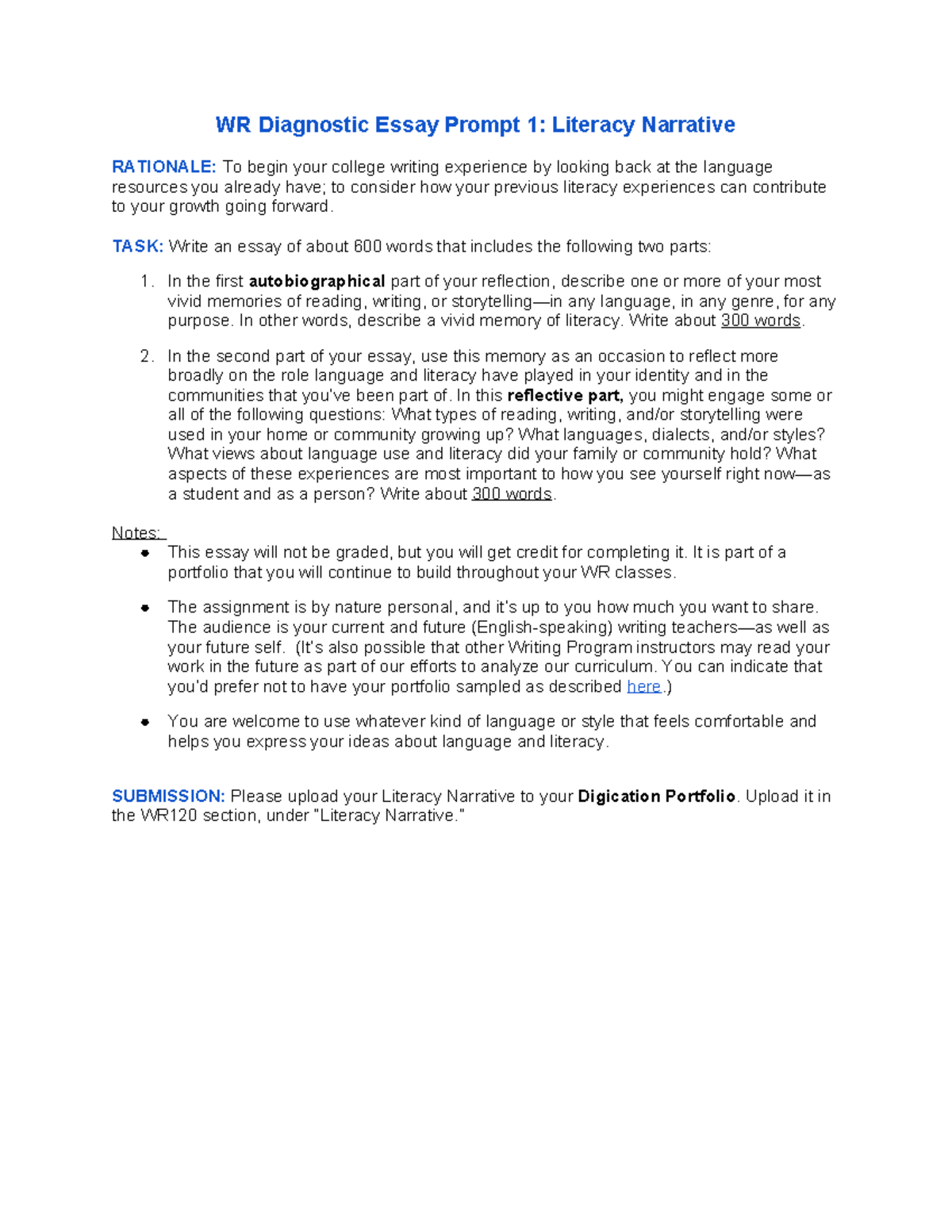 WR120 Diagnostic Essay: Reflecting on Literacy Narratives - Studocu
