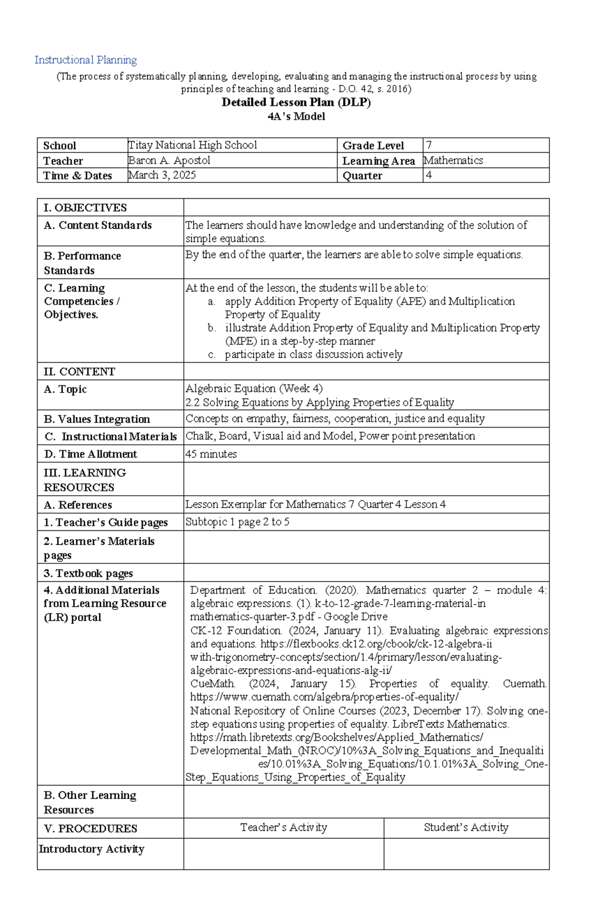 Grade 7 Math Detailed Lesson Plan (DLP) on Solving Equations - Studocu