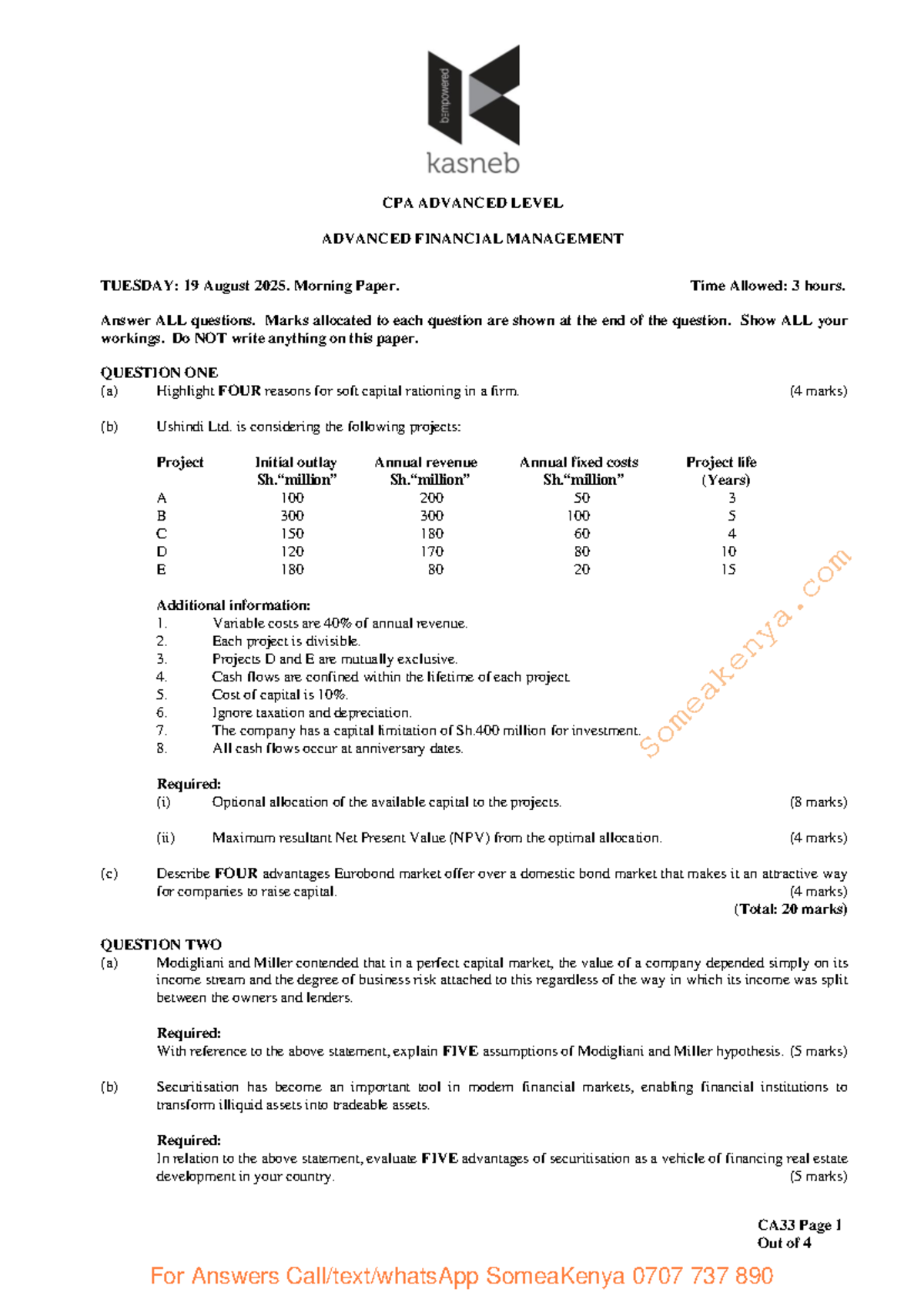 CPA ADVANCED LEVEL ADVANCED FINANCIAL MANAGEMENT PAST PAPER: AUGUST ...