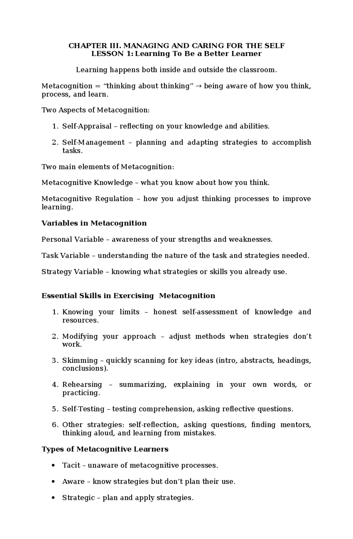 CHAPTER III LESSON 1: Enhancing Metacognitive Skills for Learning - Studocu
