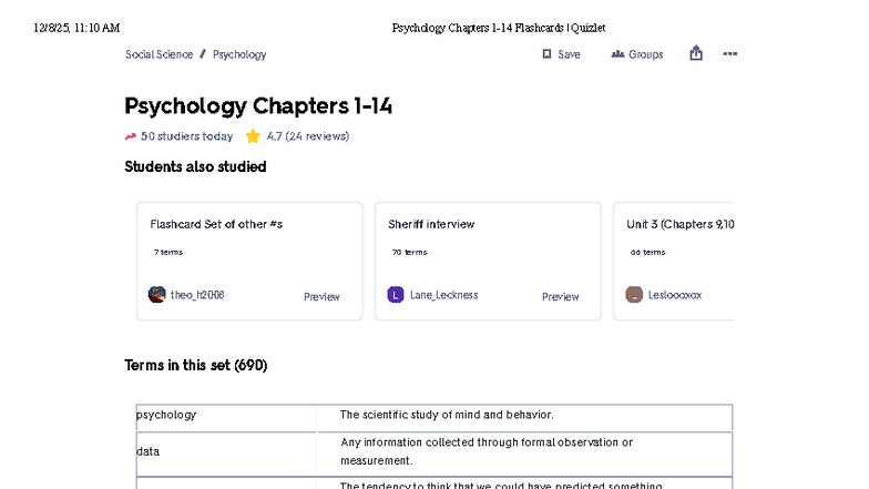 Psychology Chapters 1-14 Flashcards Quizlet Review - Studocu