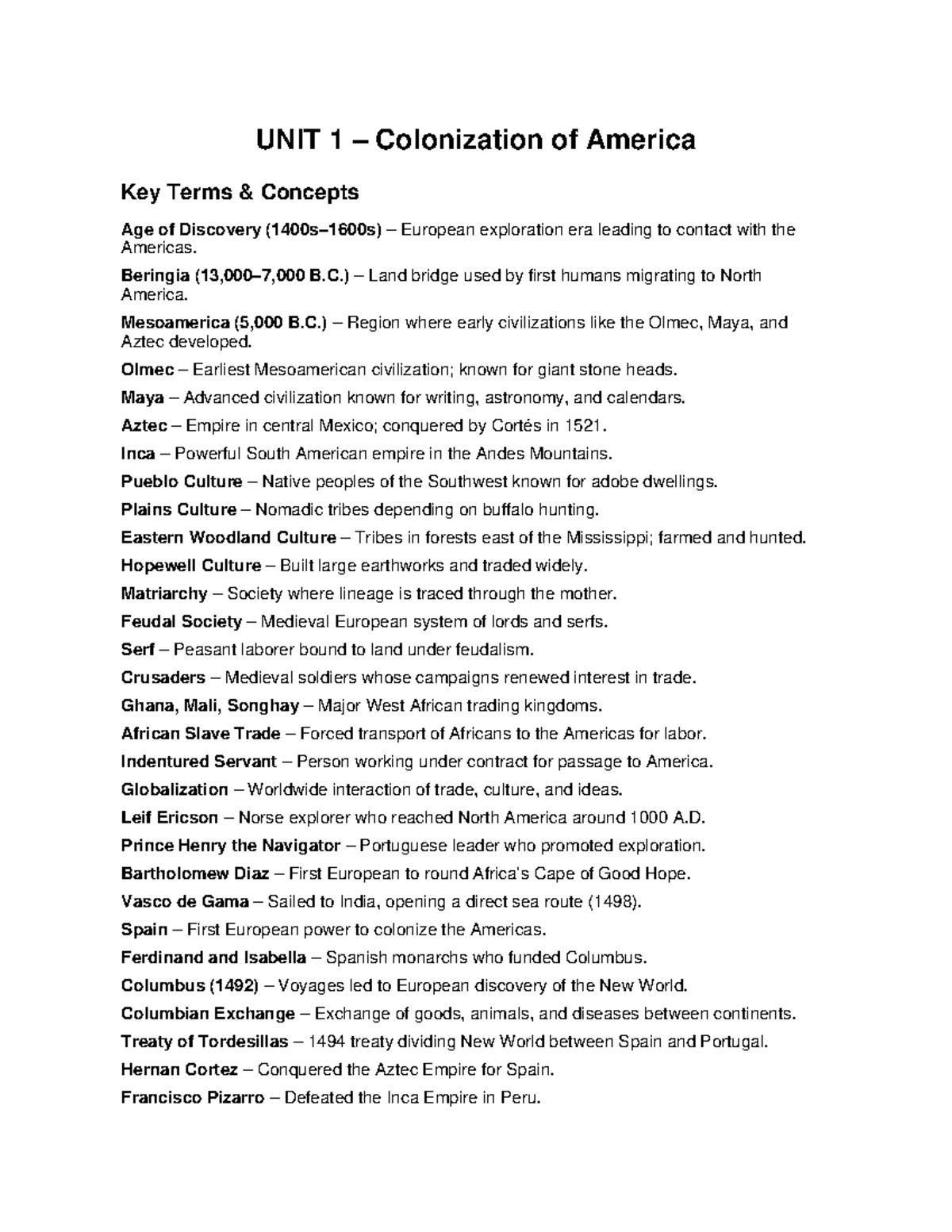 Key Concepts and Terms of U.S. History: Colonization to Early Republic ...