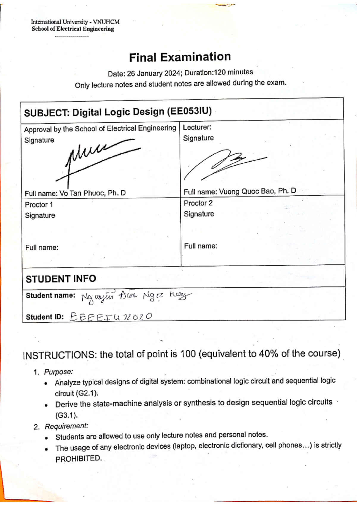 EE053IU Digital Logic Design Final Exam Instructions and Guidelines ...