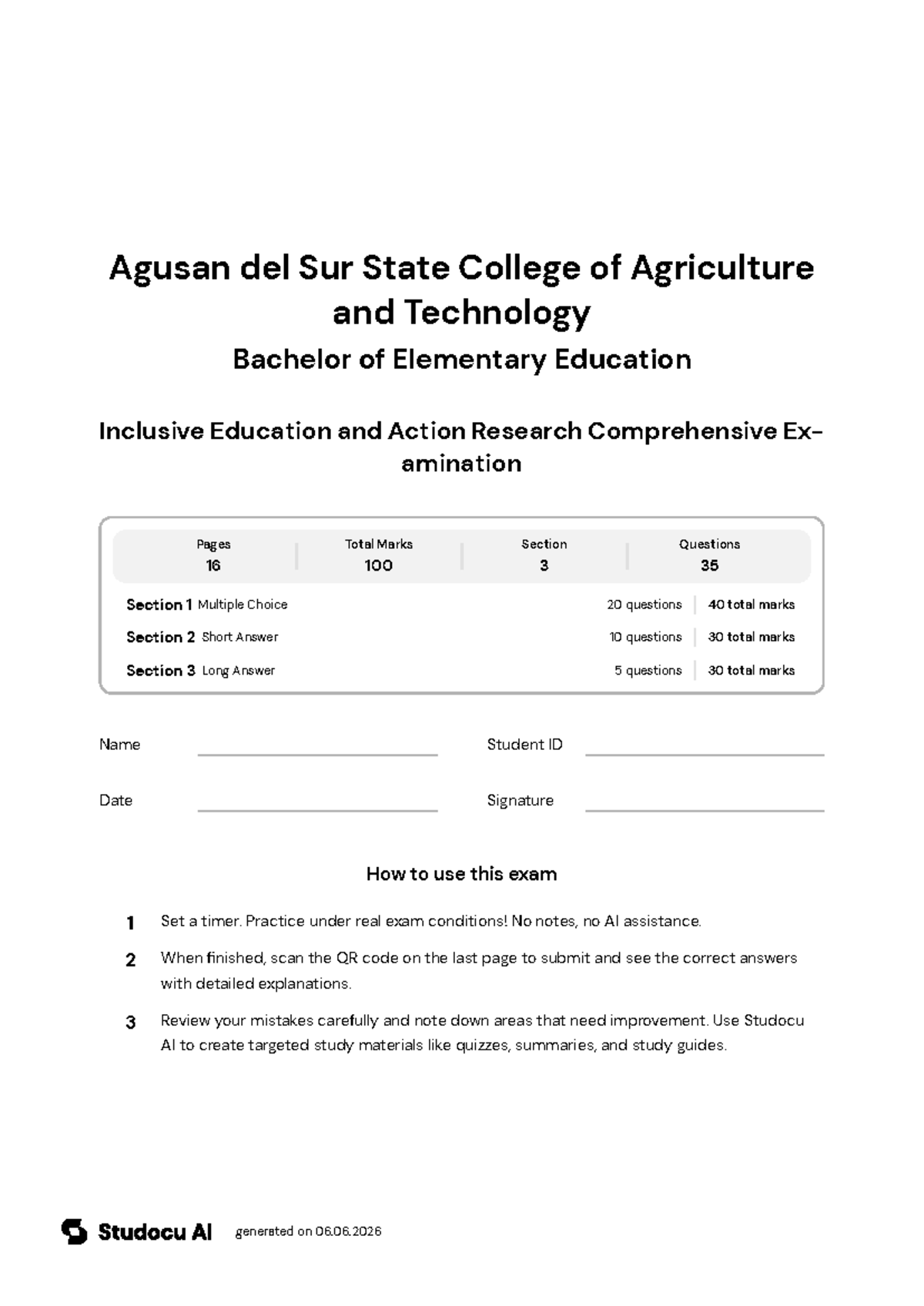 Inclusive Education Comprehensive Exam - BEE Program - Studocu