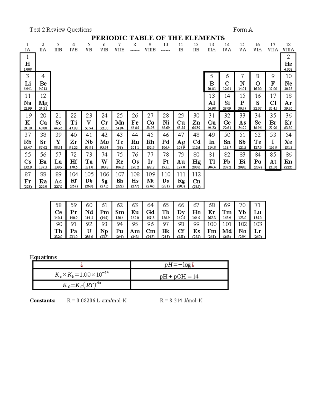 Test 2 Review Questions for Chemistry 101: Periodic Table & Equilibrium ...