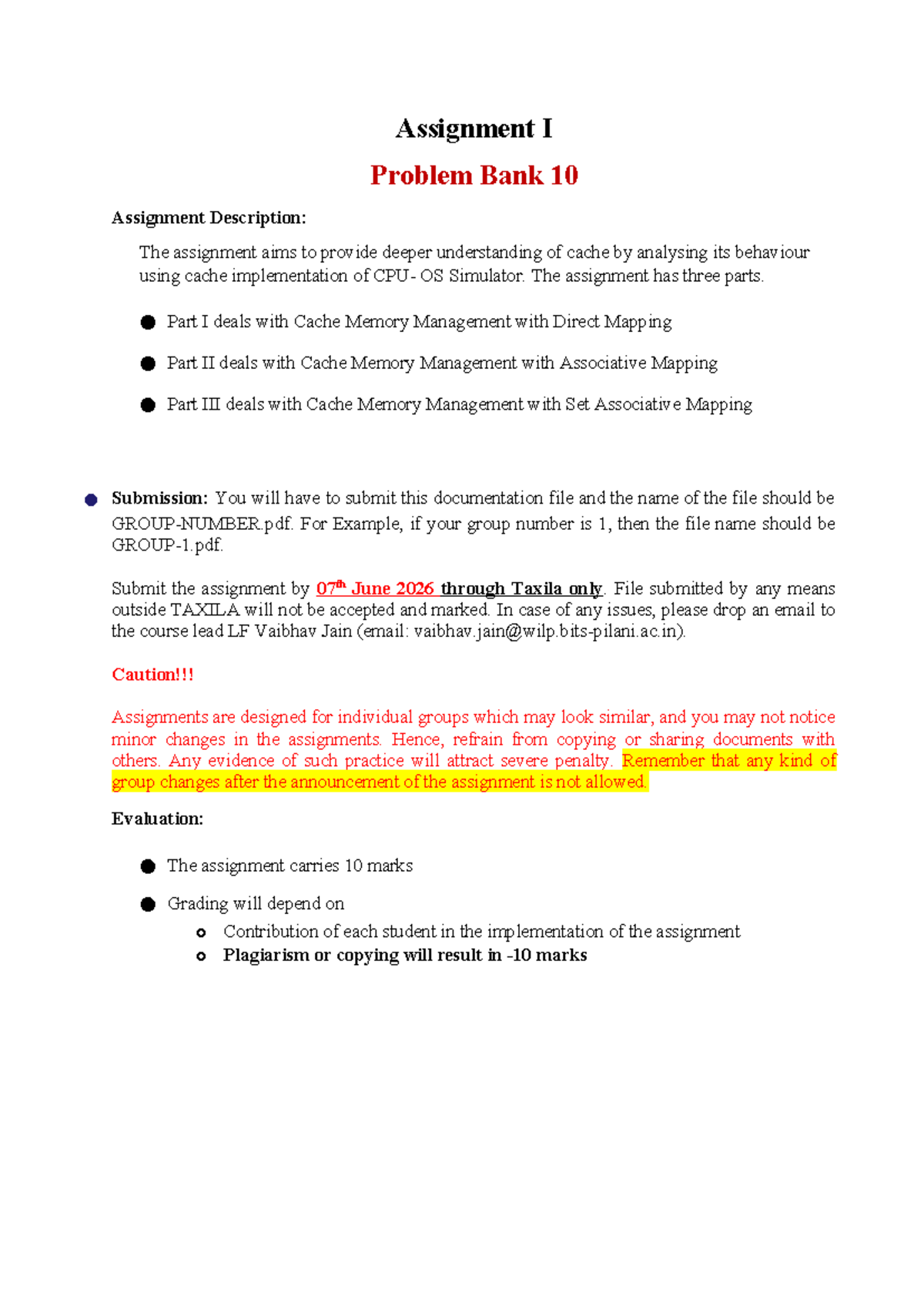Problem Bank 10 - COSS Assignment I: Cache Memory Management - Studocu