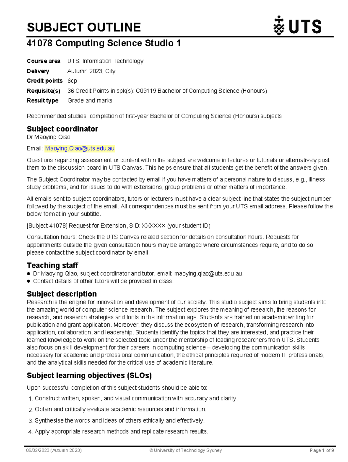 41078 Computing Science Studio 1 - Autumn 2023 Course Outline - Studocu