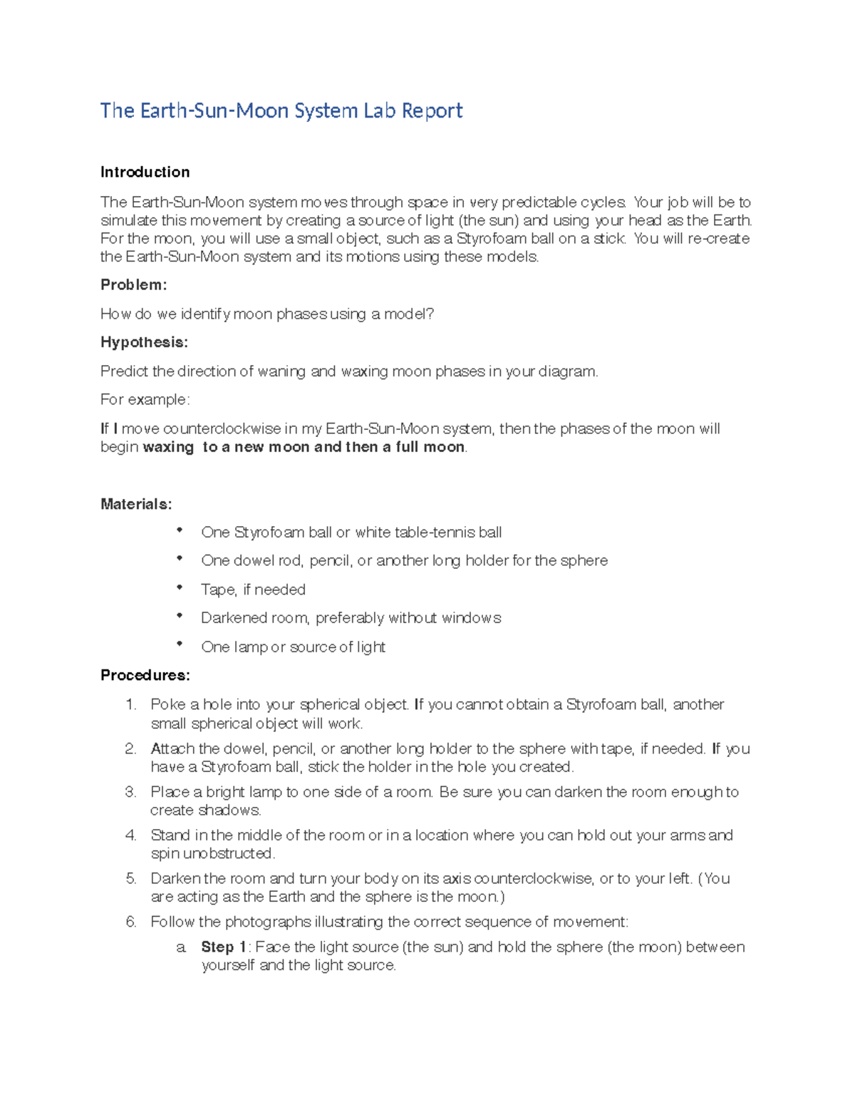 Earth-Sun-Moon System Lab Report (2023) - Exploring Moon Phases - Studocu