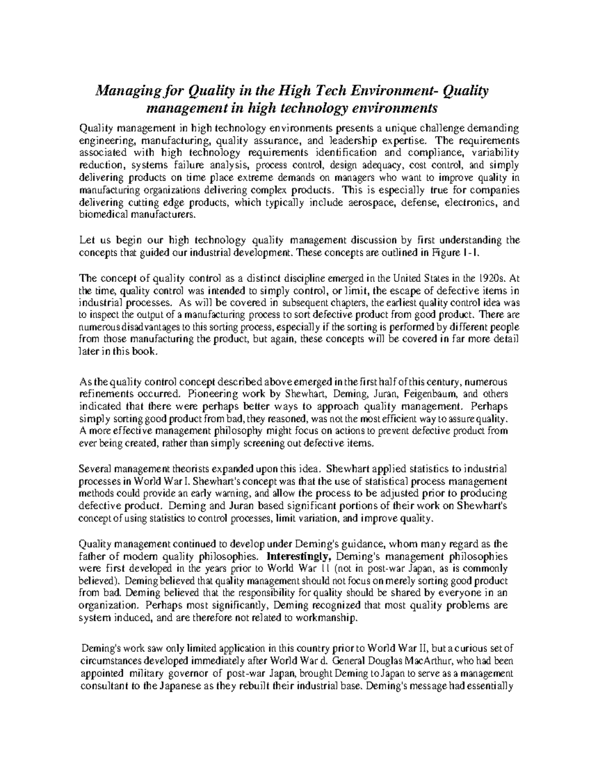 Managing for Quality in the High Tech Environment- Quality management ...