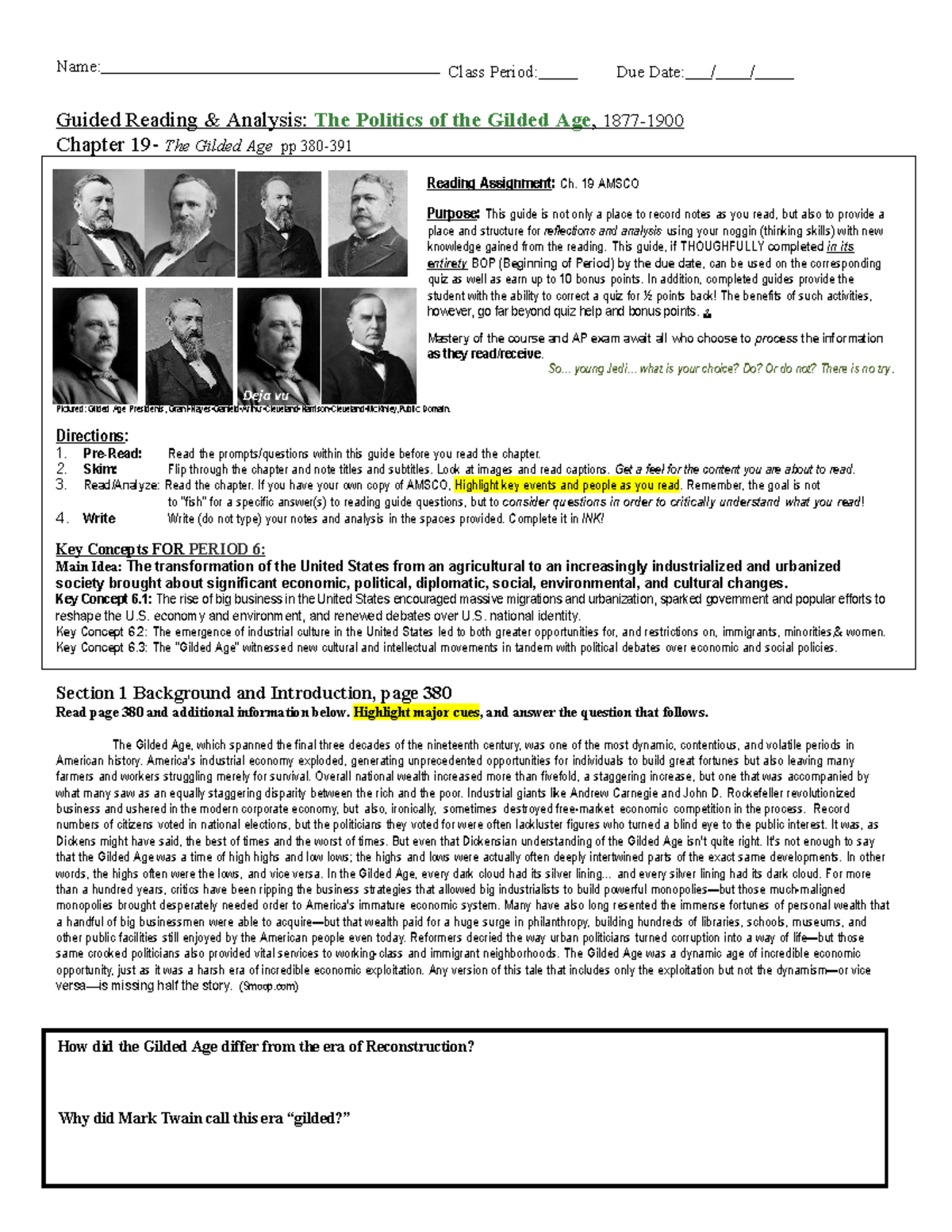Amsco Chapter 19 Guided Reading (Unit 11) - Name: Class Period: Due ...