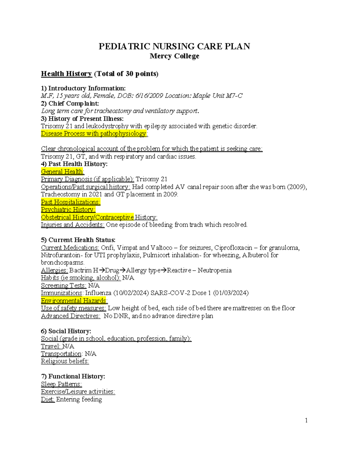 Pediatric Nursing Care Plan: Health History for M.F., 15 Years Old ...