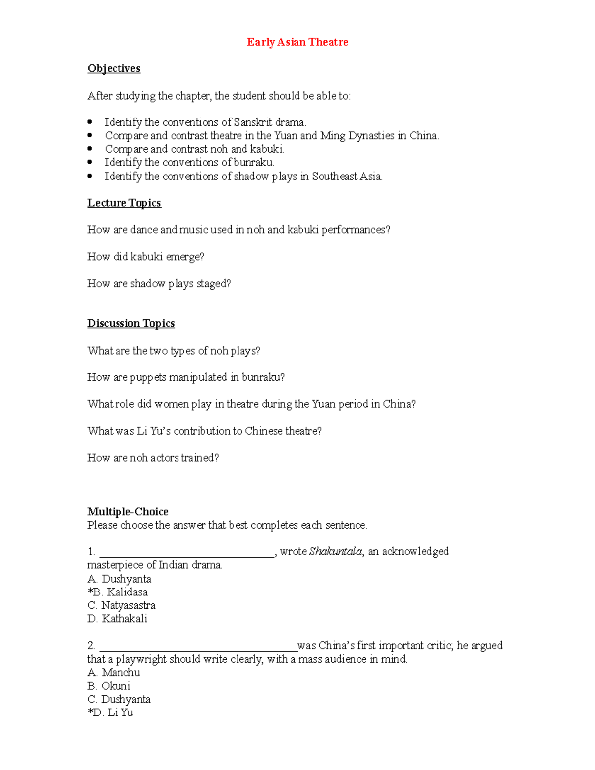 Ch03 Early Asian Theatre - Early Asian Theatre Objectives After ...