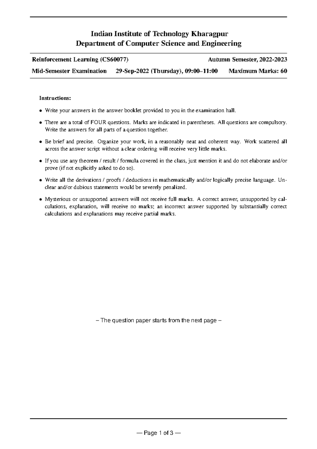 MS Q - Practice Question Paper: Reinforcement Learning (CS60077) Exam ...