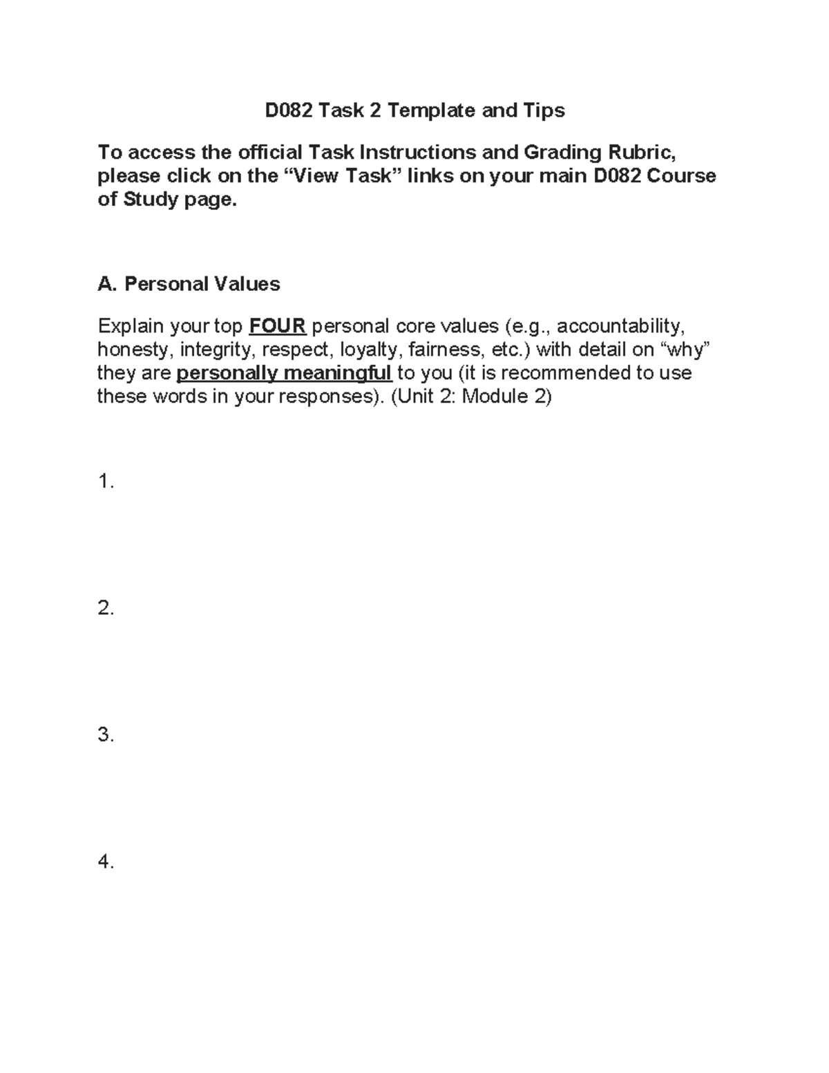 D082 Task 2: Personal Core Values & Communication Tips - Studocu