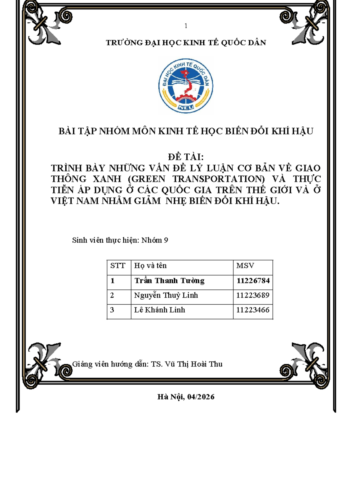 Bài Tập Nhóm KTH BDKH - Giao Thông Xanh và Giảm Nhẹ Biến Đổi Khí Hậu ...