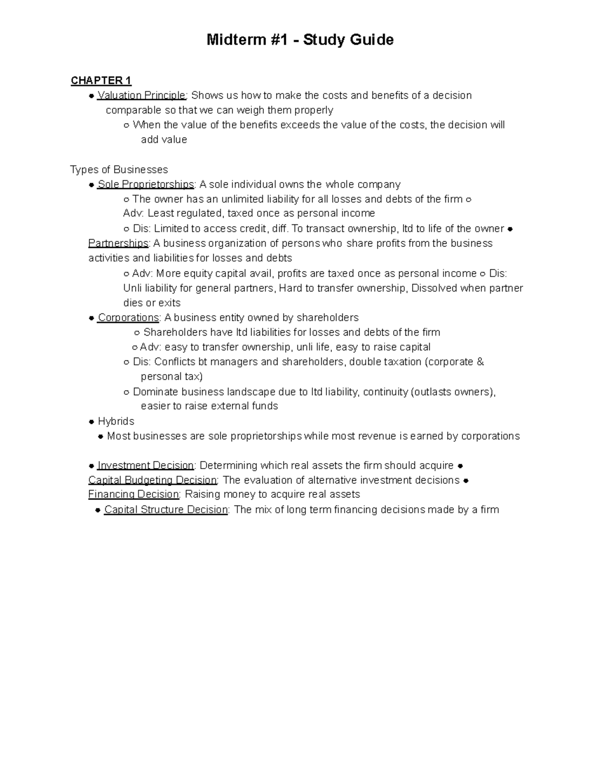 Finance Midterm 1 Study Guide: Key Concepts and Principles - Studocu