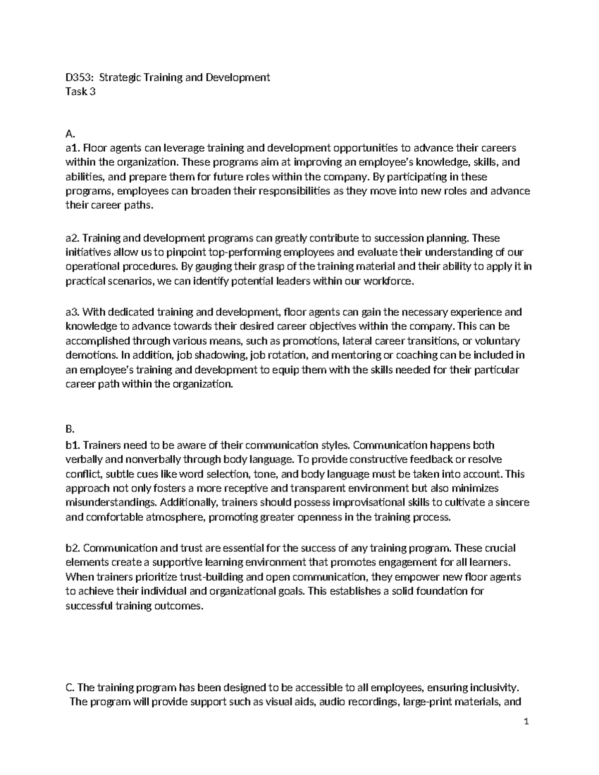 D353 Task 3 - Strategic Training & Development Insights - Studocu