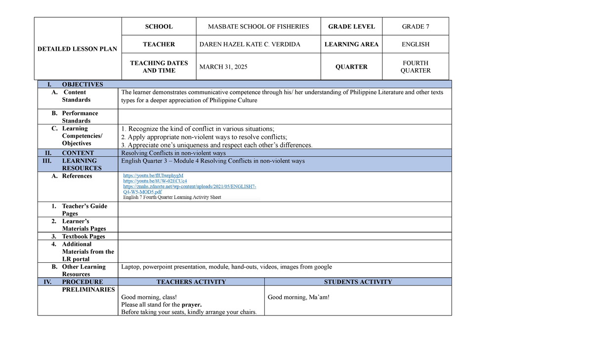 Grade 7 Final Demo Lesson Plan on Resolving Conflicts Non-Violently - Studocu