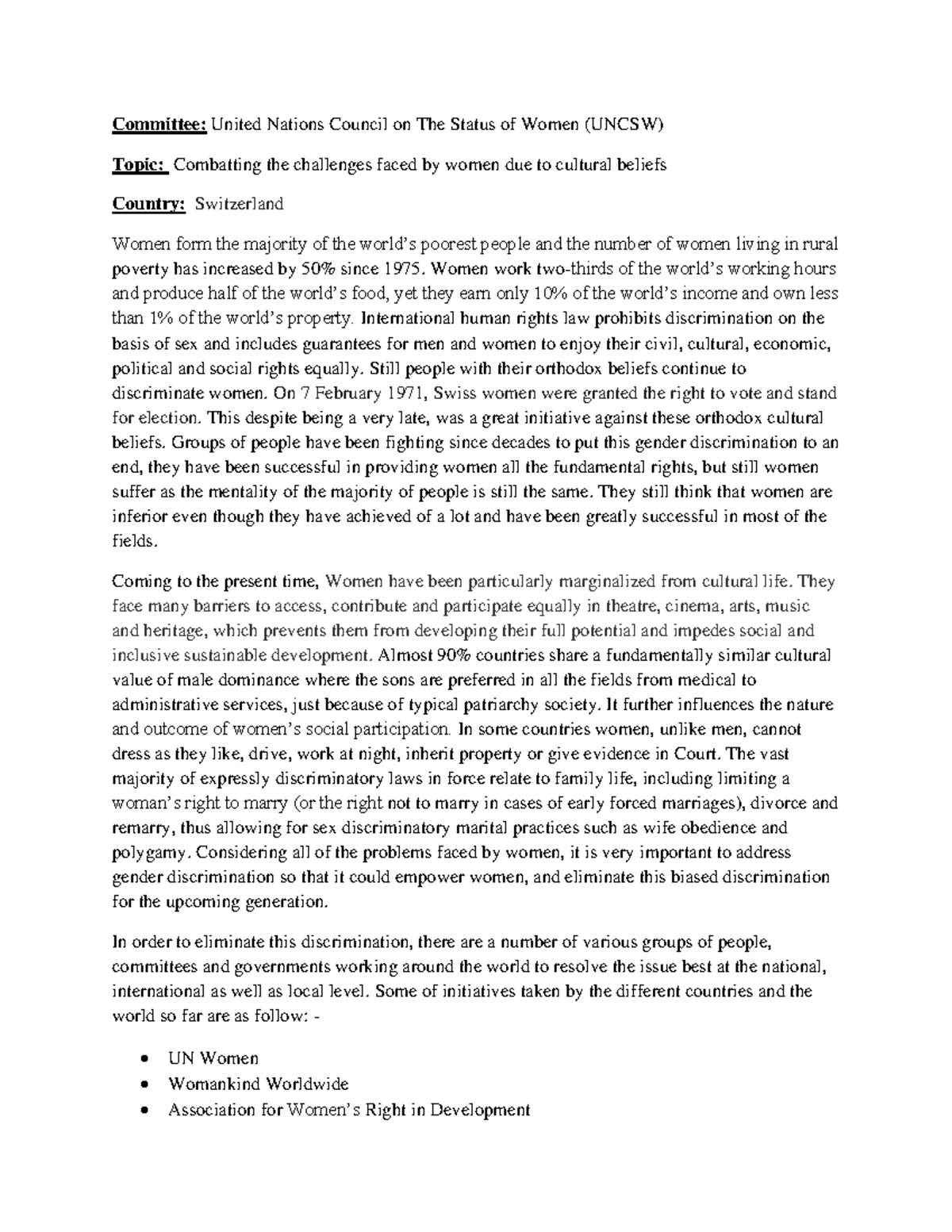 Position Paper Switzerland - Committee: United Nations Council on The ...